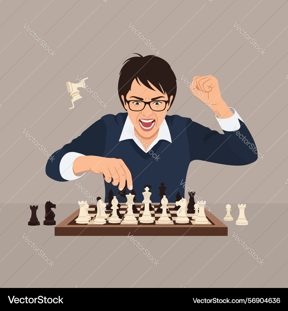 Frustrated woman playing chess celebrates Vector Image