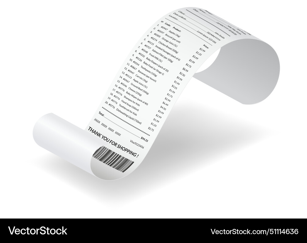 Payment check and receipts with shadow curved Vector Image