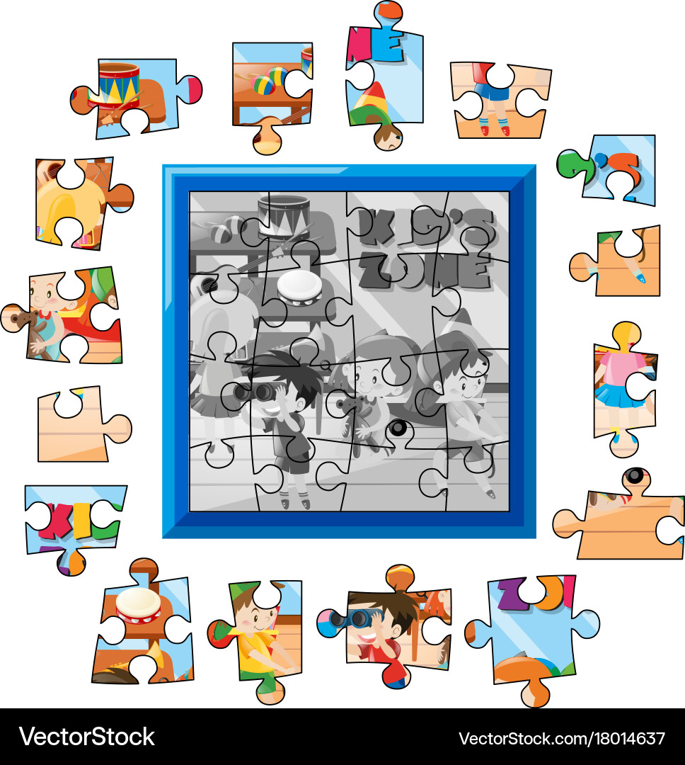 Jigsaw puzzle game template kids playing Vector Image