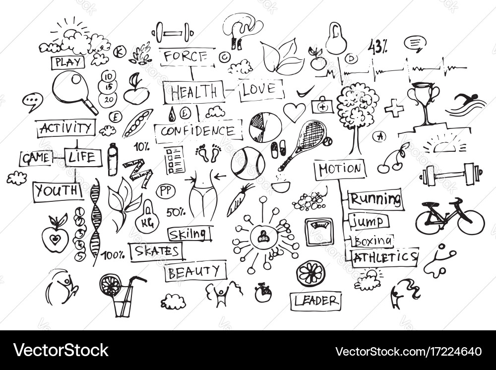 Health doodles healthy elements isolated on white Vector Image