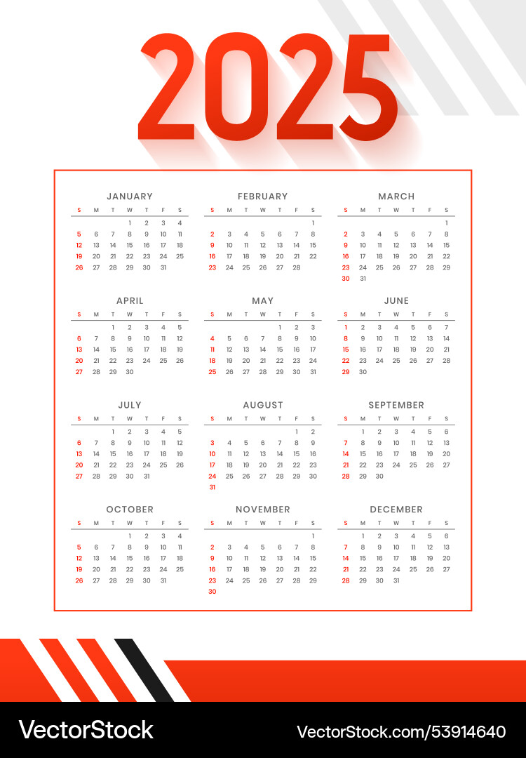 White red 2025 monthly calendar template week Vector Image