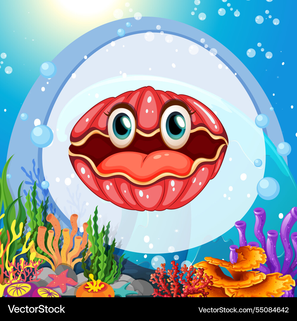Smiling clam surrounded by colorful underwater Vector Image
