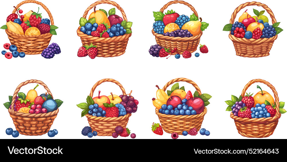 Fruit baskets wicker basket full with ripe fruits Vector Image