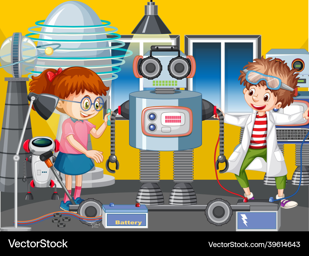Scene with children building robot together Vector Image