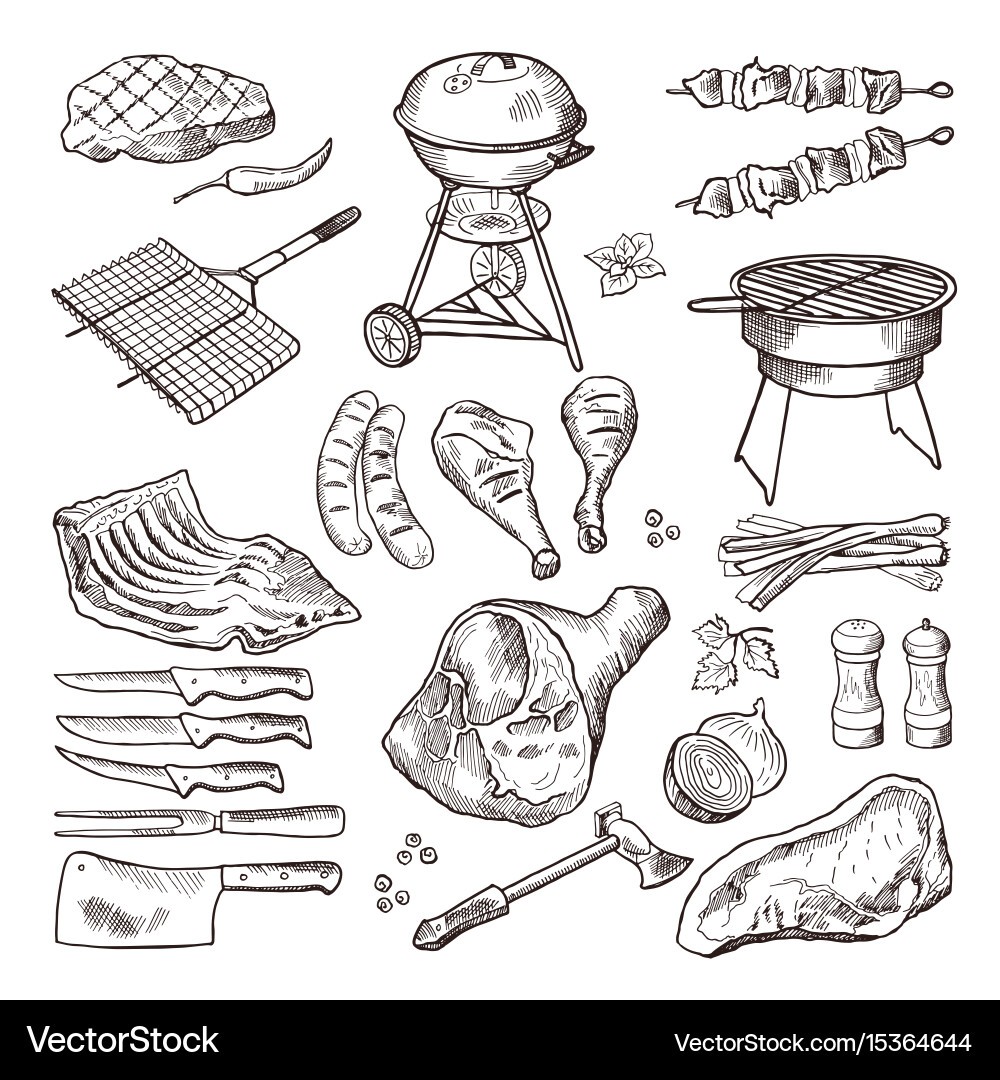 Bbq hand drawn set grilled Royalty Free Vector Image