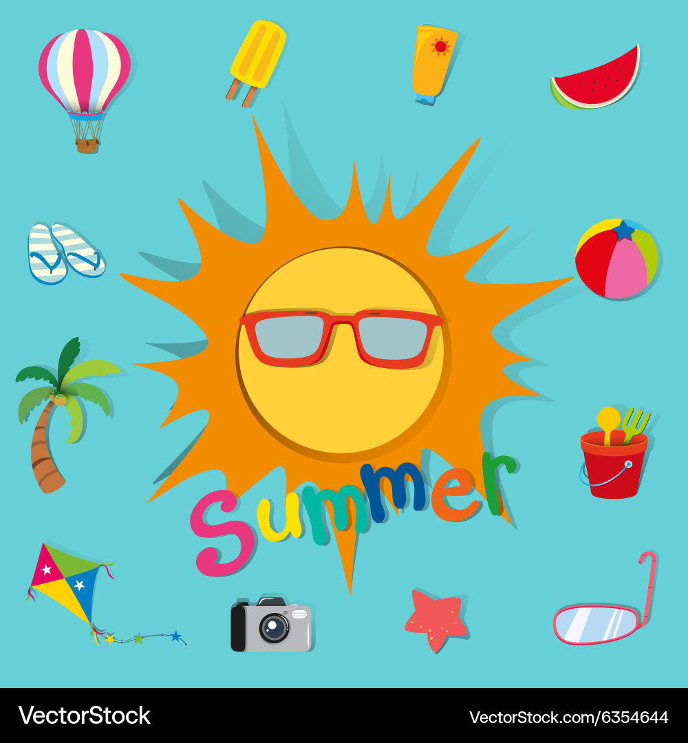 Summer theme with sun and objects Royalty Free Vector Image