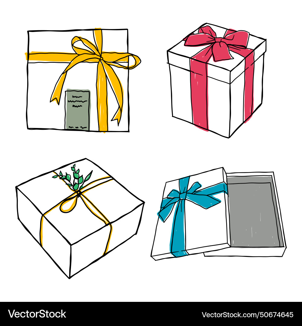 4 hand-drawn gift boxes with ribbon knot clip art Vector Image