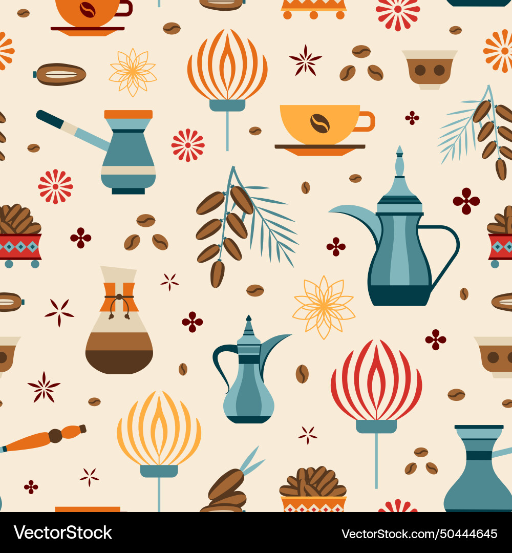 Arabic coffee with dates on arabesque pattern Vector Image