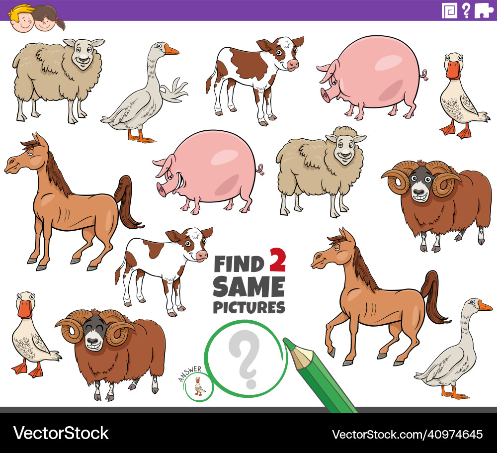 Find two same cartoon farm animals educational Vector Image