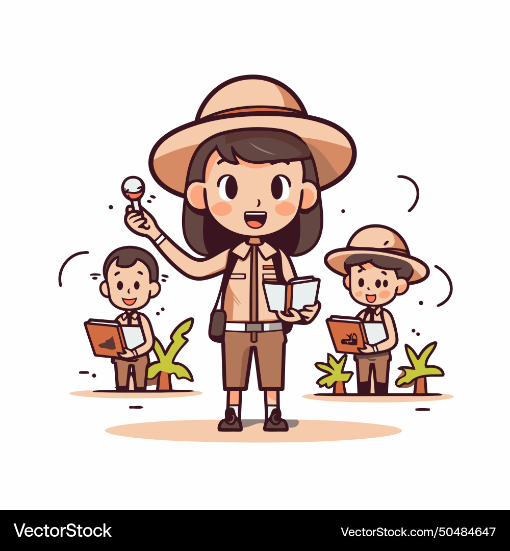 Cartoon safari explorer with children on white Vector Image