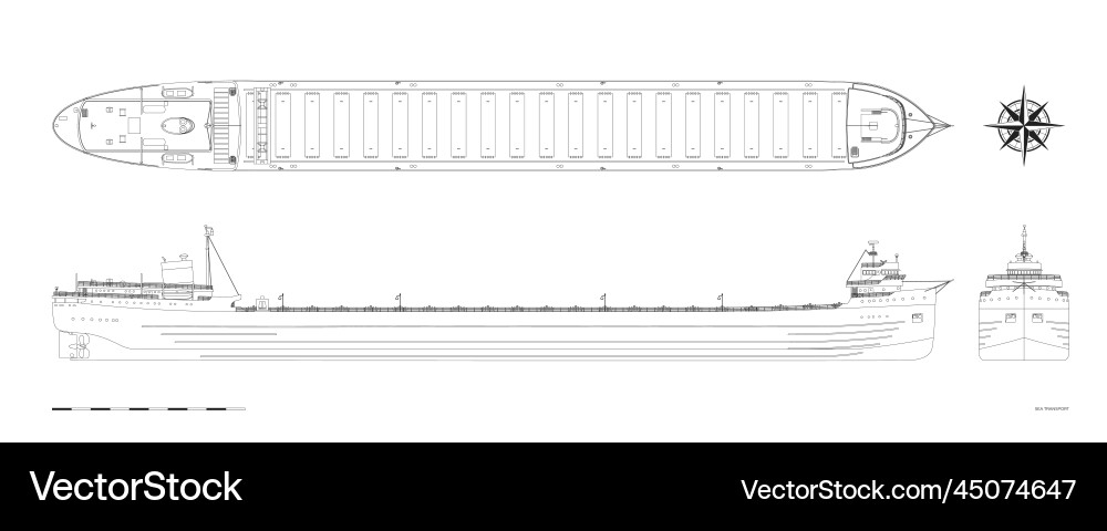 Outline cargo ship blueprint front side top Vector Image