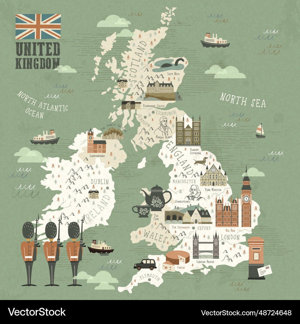 United kingdom attractions travel map Royalty Free Vector