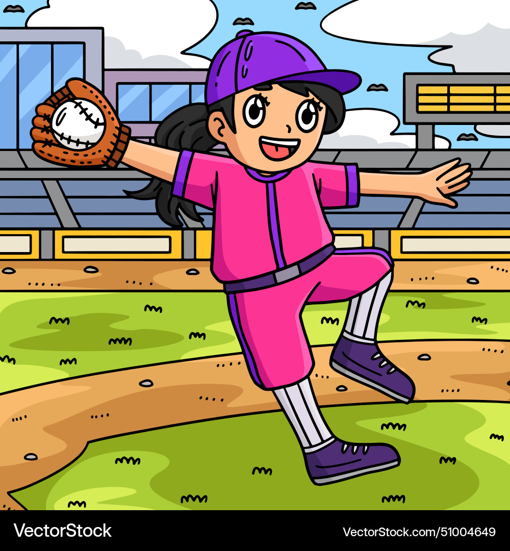 Girl catching baseball colored cartoon Royalty Free Vector