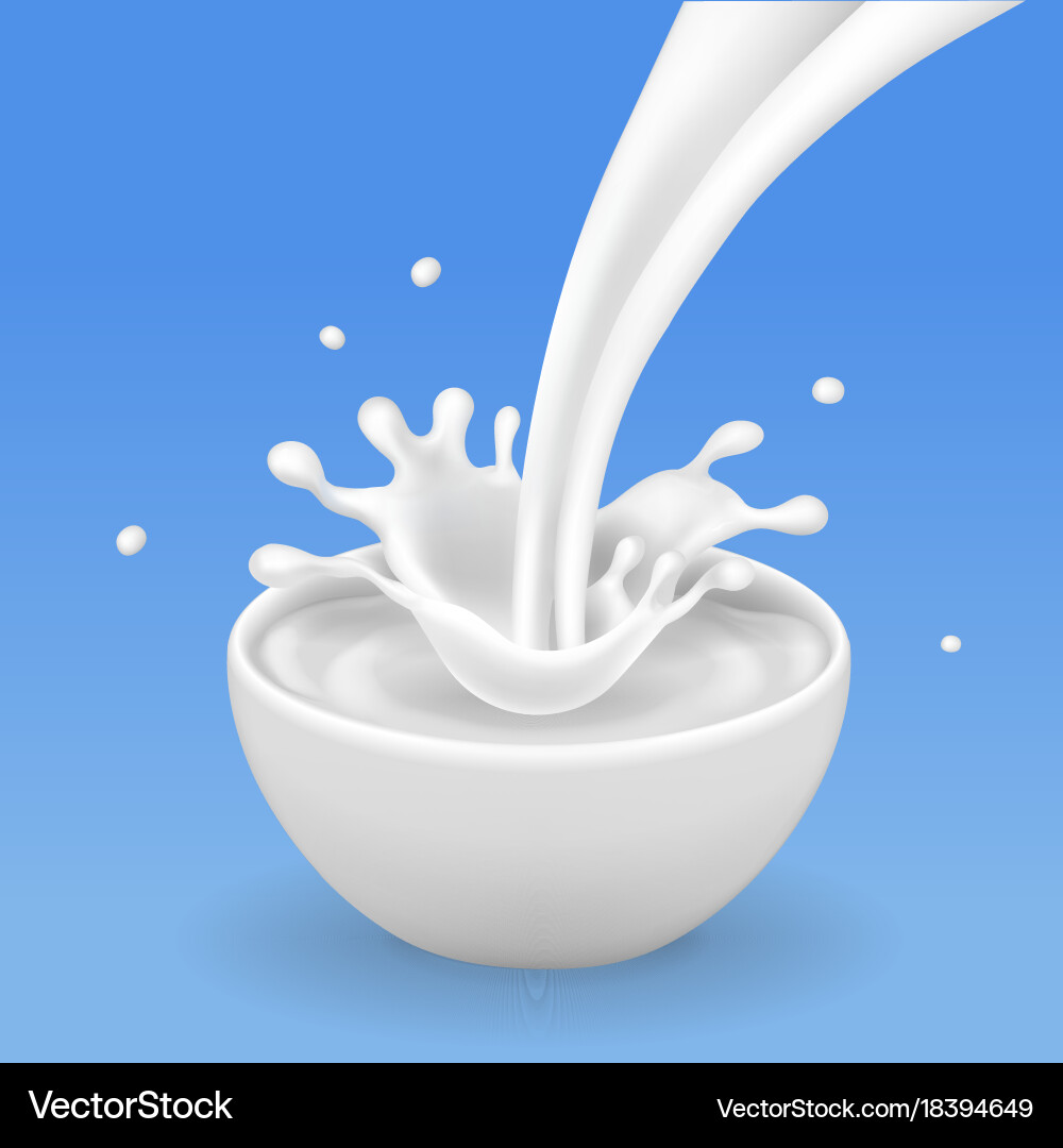 Milk flowing with splash in white bowl Royalty Free Vector