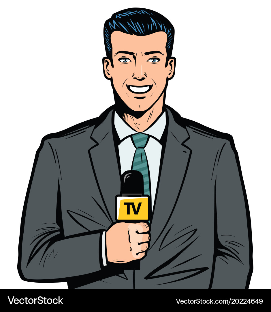 Tv presenter with microphone in hand breaking Vector Image