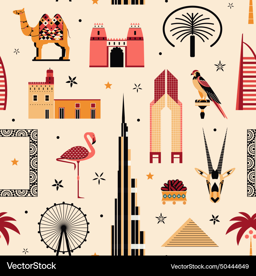 Uae travel pattern with landmarks and animals Vector Image