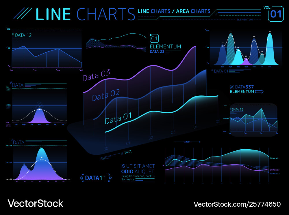 Line charts and area infographic elements Vector Image