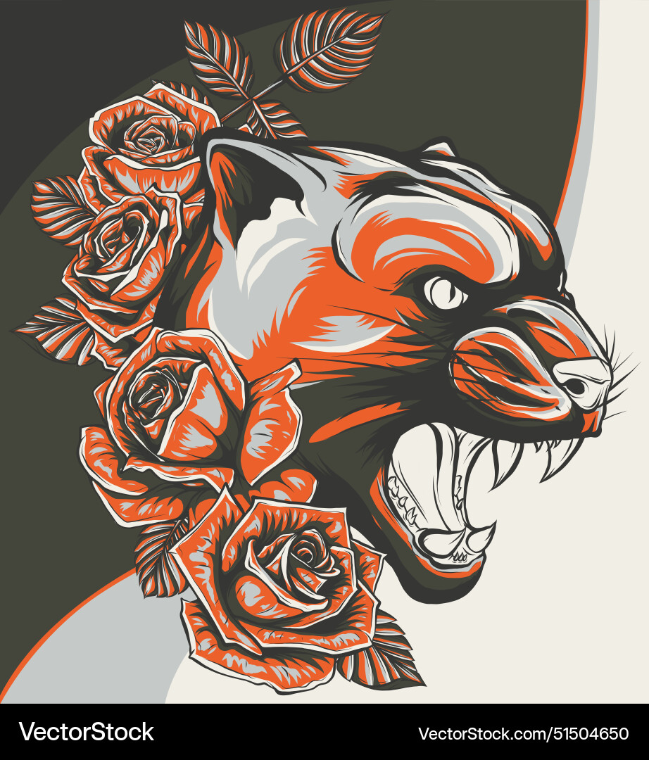 Puma head with roses Royalty Free Vector Image