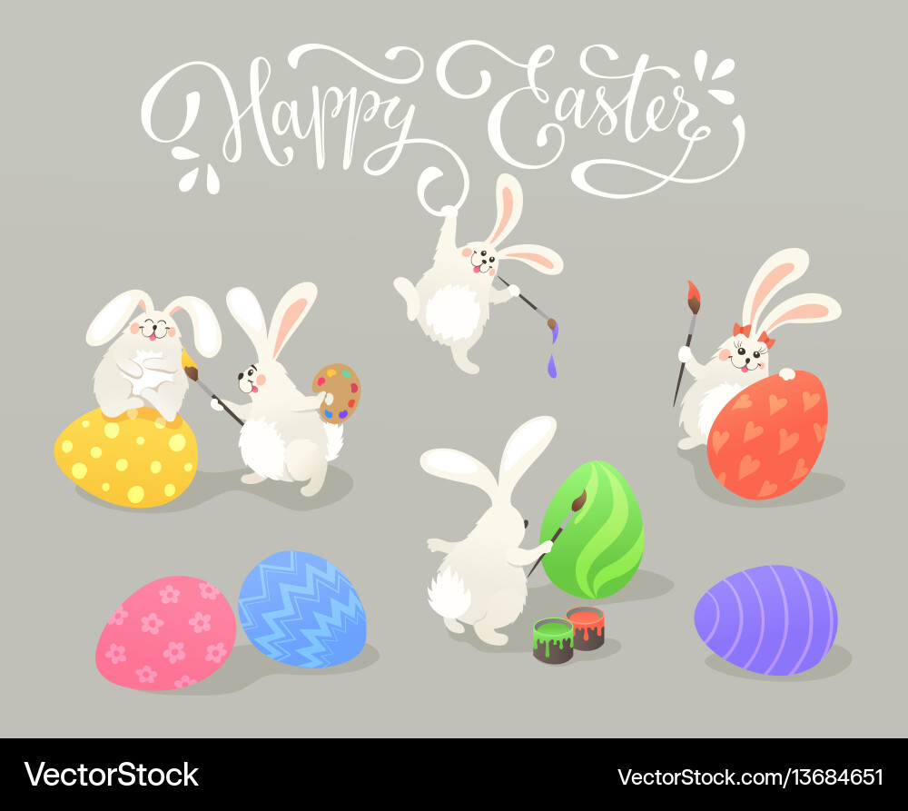Happy Easter Bunnies with Eggs Royalty Free Vector Image