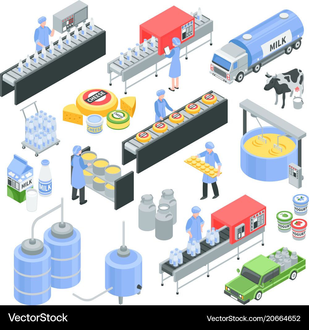 Dairy factory isometric set Royalty Free Vector Image
