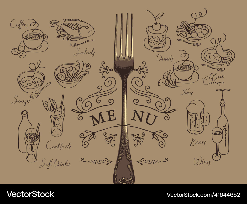 Restaurant menu with fork and sketches of dishes Vector Image