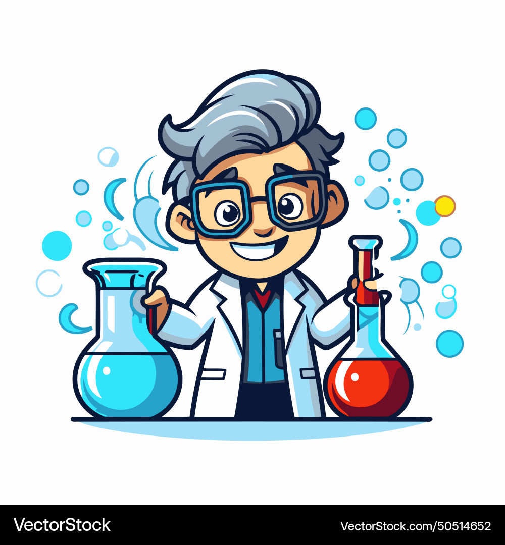 Scientist with chemical flasks in cartoon style Vector Image