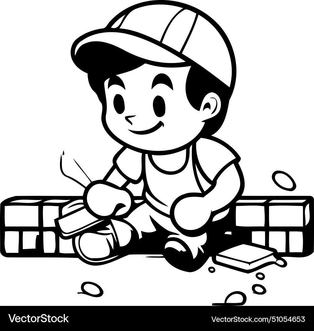 Cartoon bricklayer worker with spatula and brick Vector Image