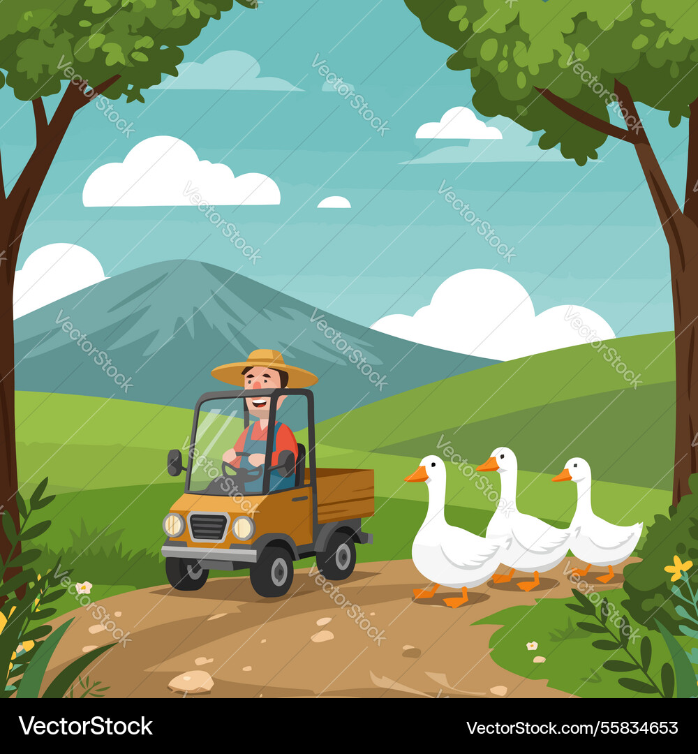 Farmer driving cart with geese on a rural path Vector Image