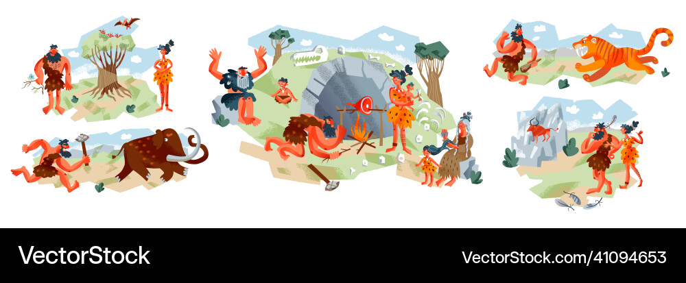 Stone Age Cavemen - Prehistoric Hunting Scene Vector Image