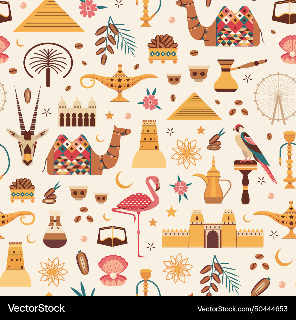 Uae travel pattern with arabic animals and symbols