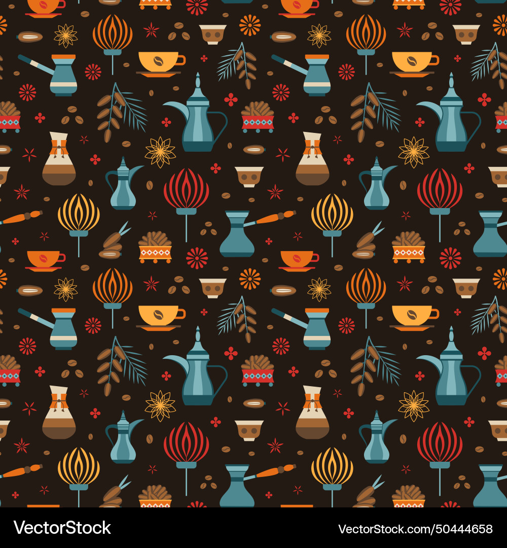 Arabic coffee with dates on arabesque pattern Vector Image