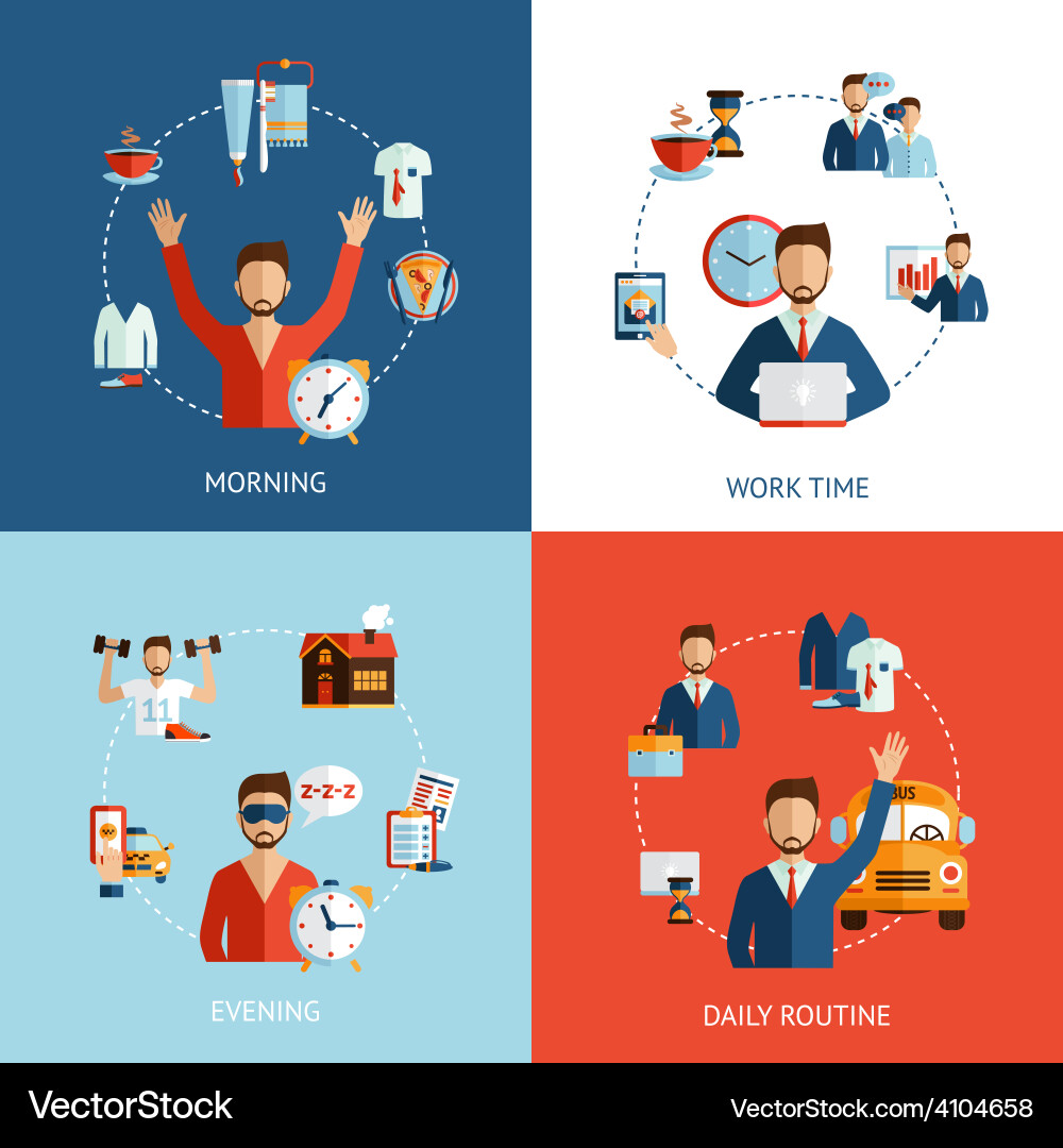 Businessman daily routine concept flat icons Vector Image