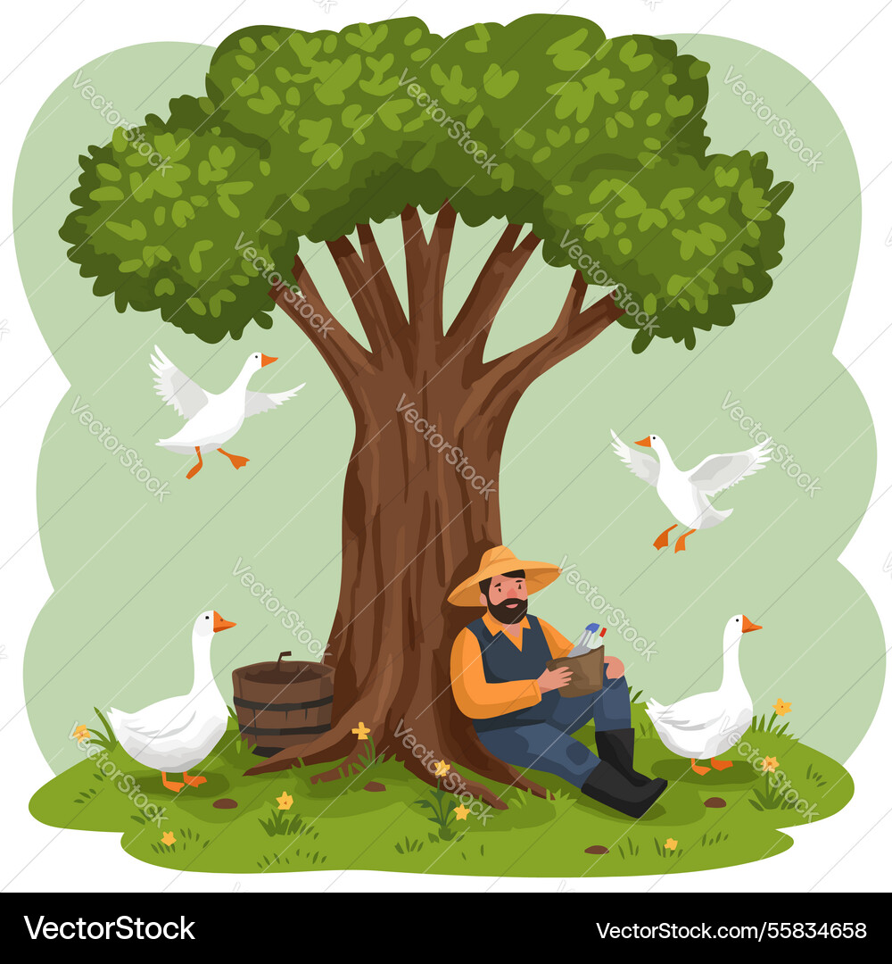 Farmer resting under tree surrounded by geese Vector Image