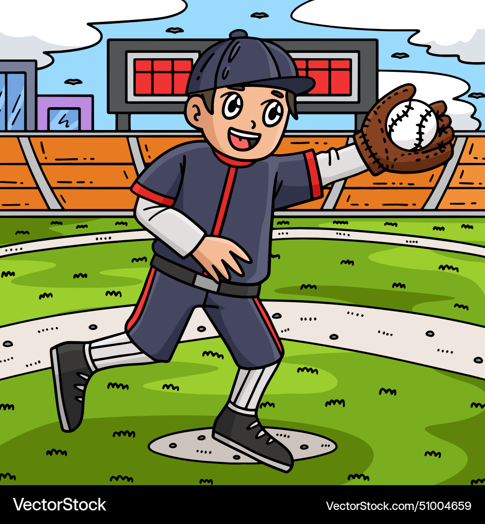 Boy pitching baseball colored cartoon Royalty Free Vector