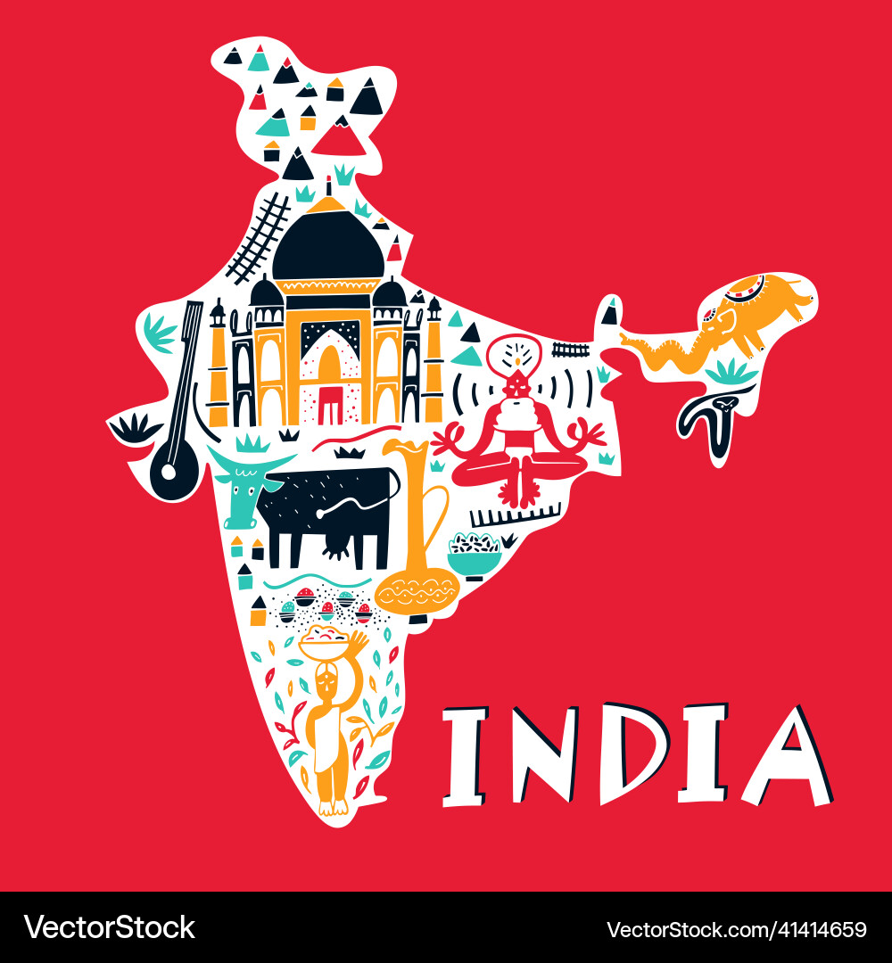 Hand drawn stylized map of indian landmarks Vector Image
