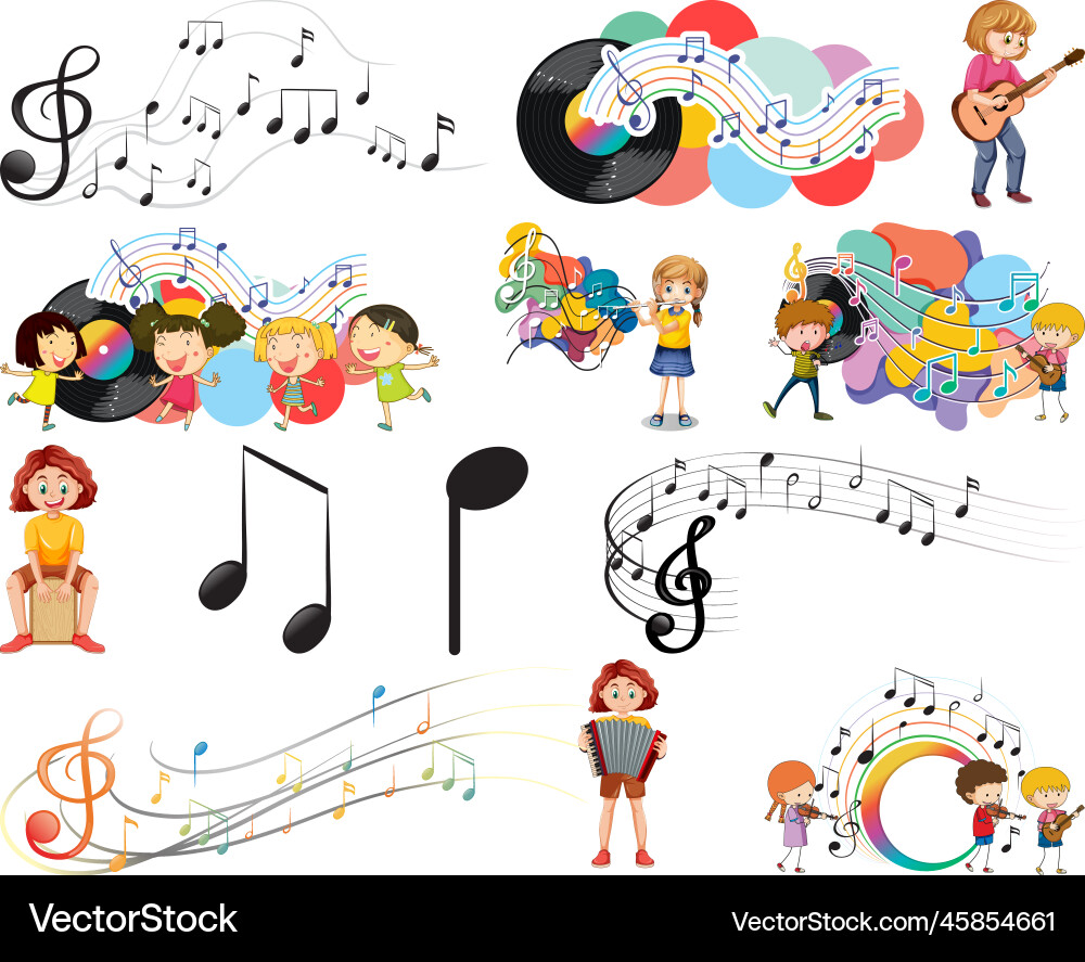 Kids musical instruments and music symbols set Vector Image