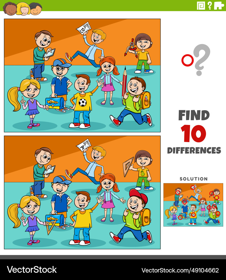 Differences activity with cartoon school pupils Vector Image