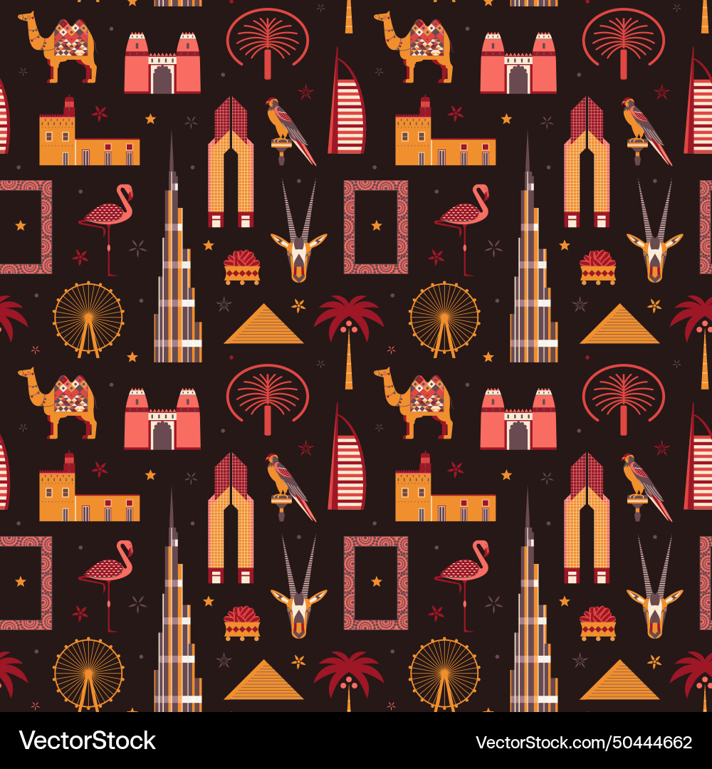 Uae travel pattern with landmarks and animals Vector Image