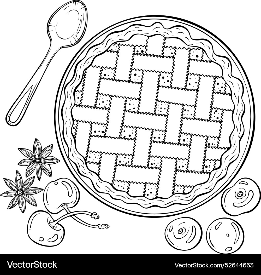 Cherry pie composition top view line art Vector Image