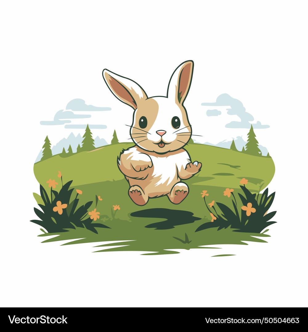 Cute cartoon rabbit running in the meadow Vector Image