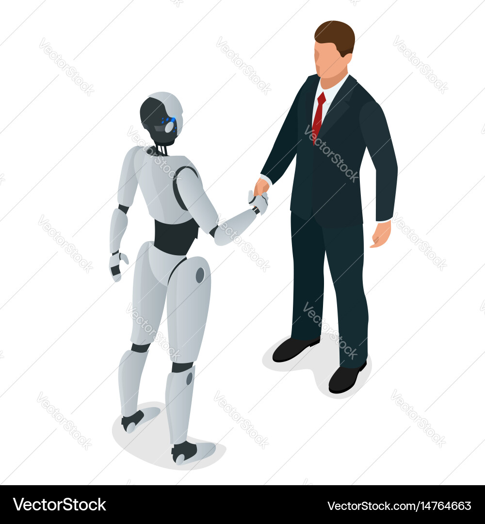 Men and robot greet or confirm a deal handshake Vector Image