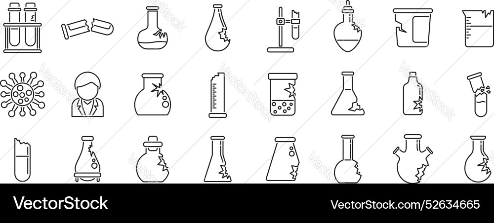Broken laboratory glassware icons set scientist Vector Image
