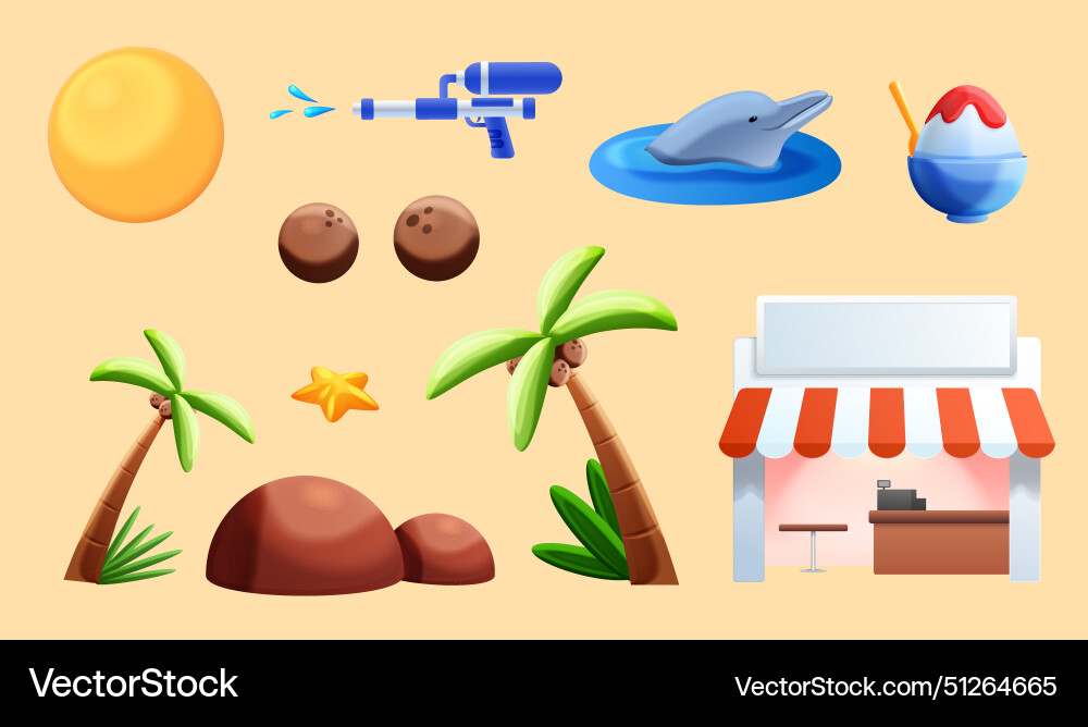 Cartoon style summer beach elements Royalty Free Vector