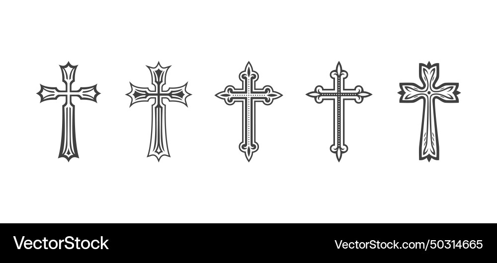 Flat black christian cross icons set Royalty Free Vector