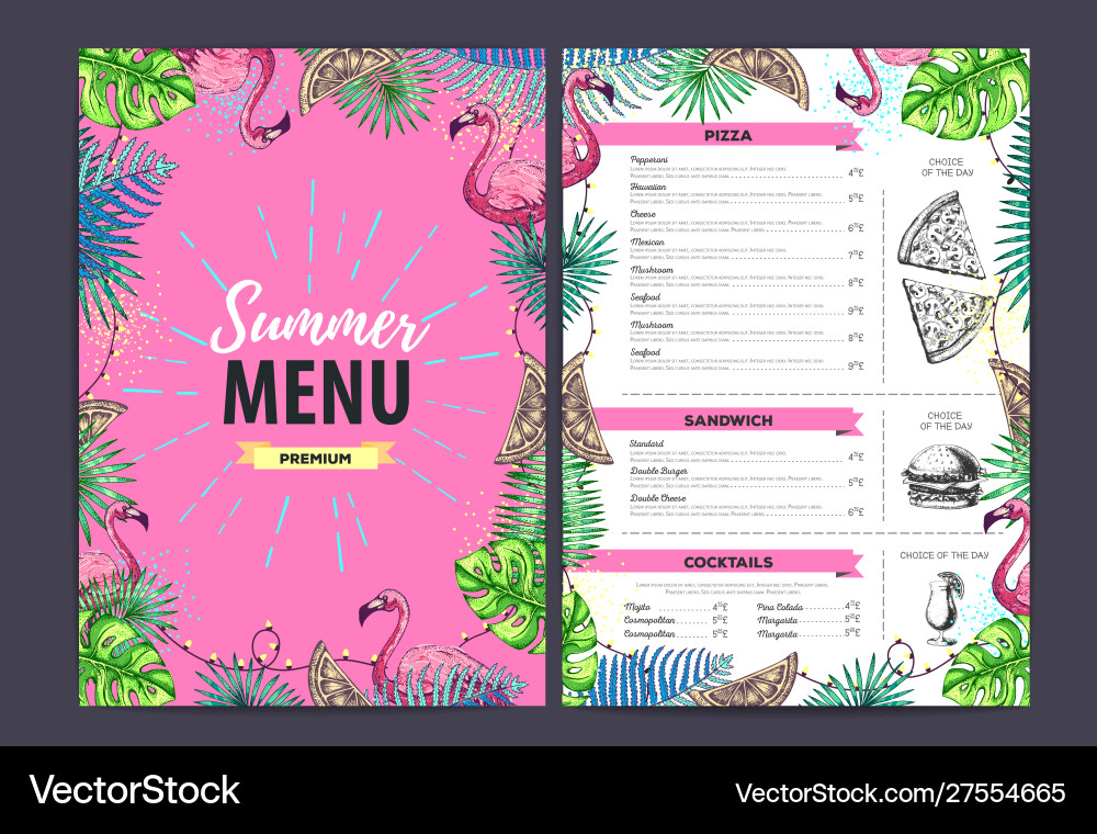 Restaurant summer menu design with tropic leaves Vector Image