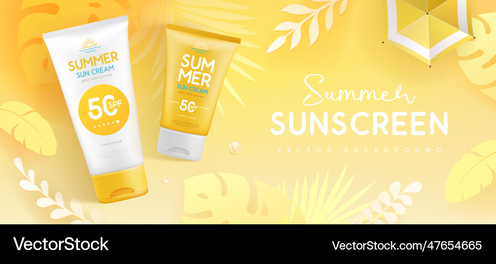 Top view summer background with 3d sunscreen tubes