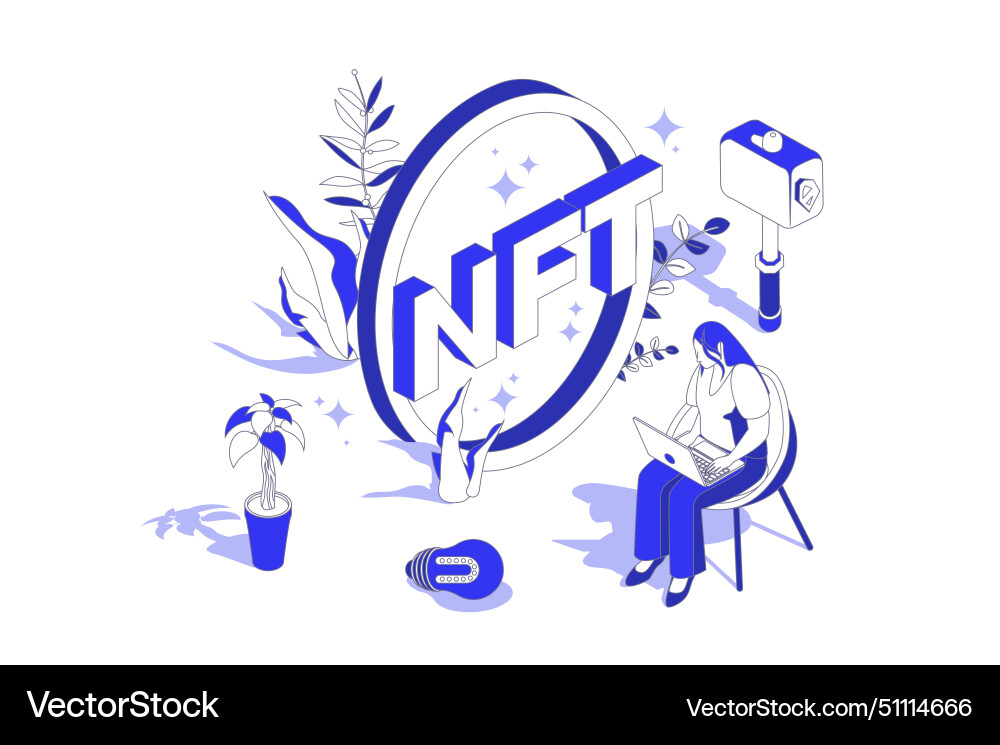 Nft token 3d isometric concept in isometry graphic