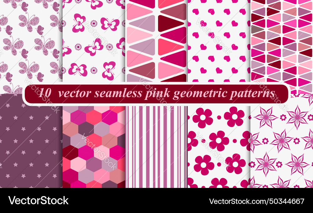 10 seamless pink geometric patterns Royalty Free Vector