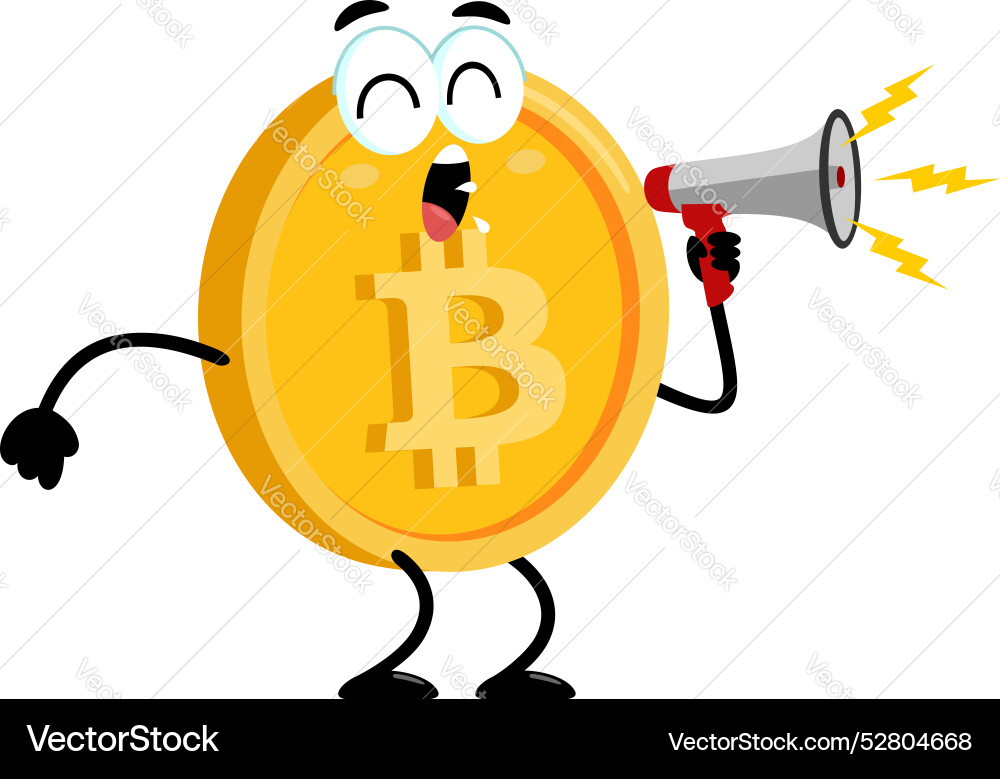 Bitcoin cartoon character screaming into megaphone