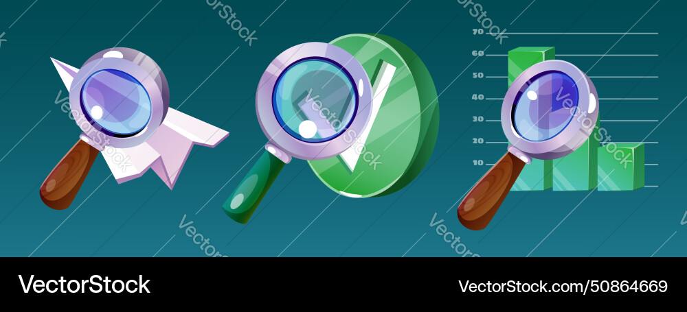 3d magnifying glass icons set Royalty Free Vector Image